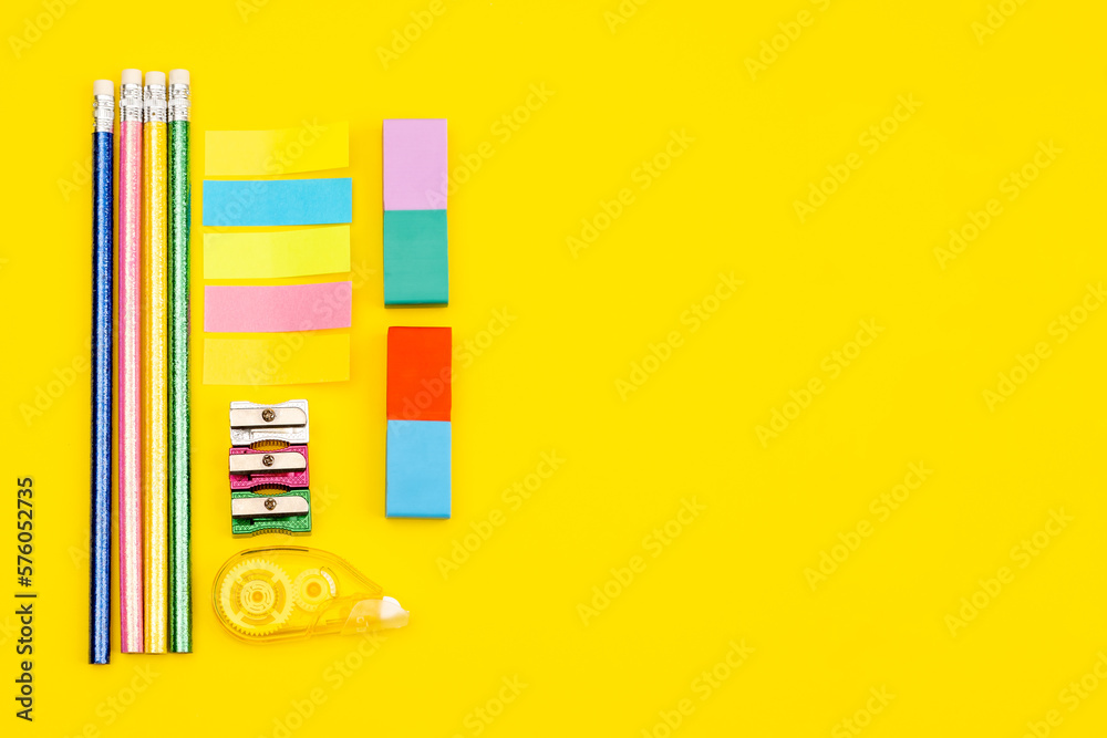 On the table in the office, pencils, stickers, sharpeners, correction ...