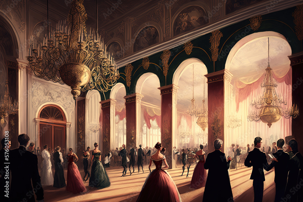 Historical recreation painting of medieval costume ball inside grand ...