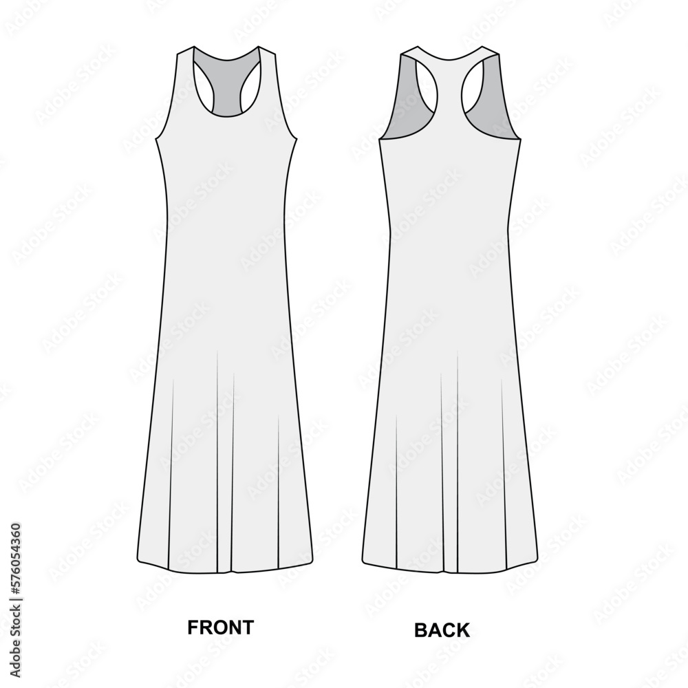 Vector outline drawing of a fashionable, sleeveless long dress. Basic ...