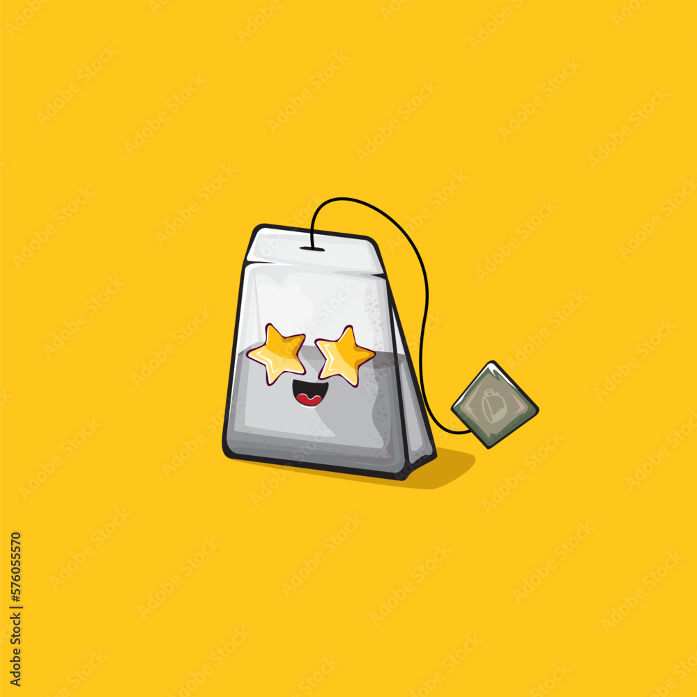 Tea bag character. Cartoon tea bag isolated on orange background. Funky ...