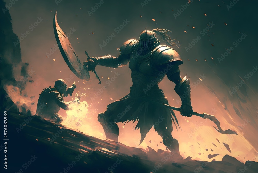 a medieval knight with his sword leapt into the fight against the giant ...