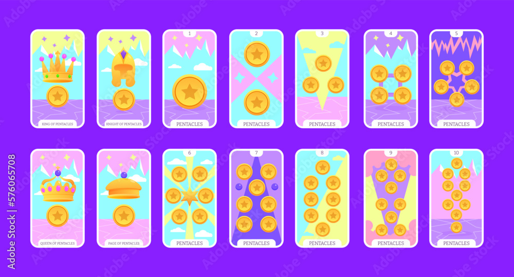 Tarot cards flat deck cartoon. Taro card minor arcanas suit of coins ...