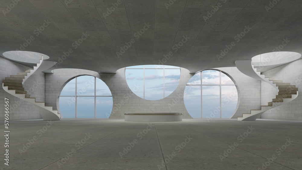 Architecture background interior with curved stairs and round windows ...