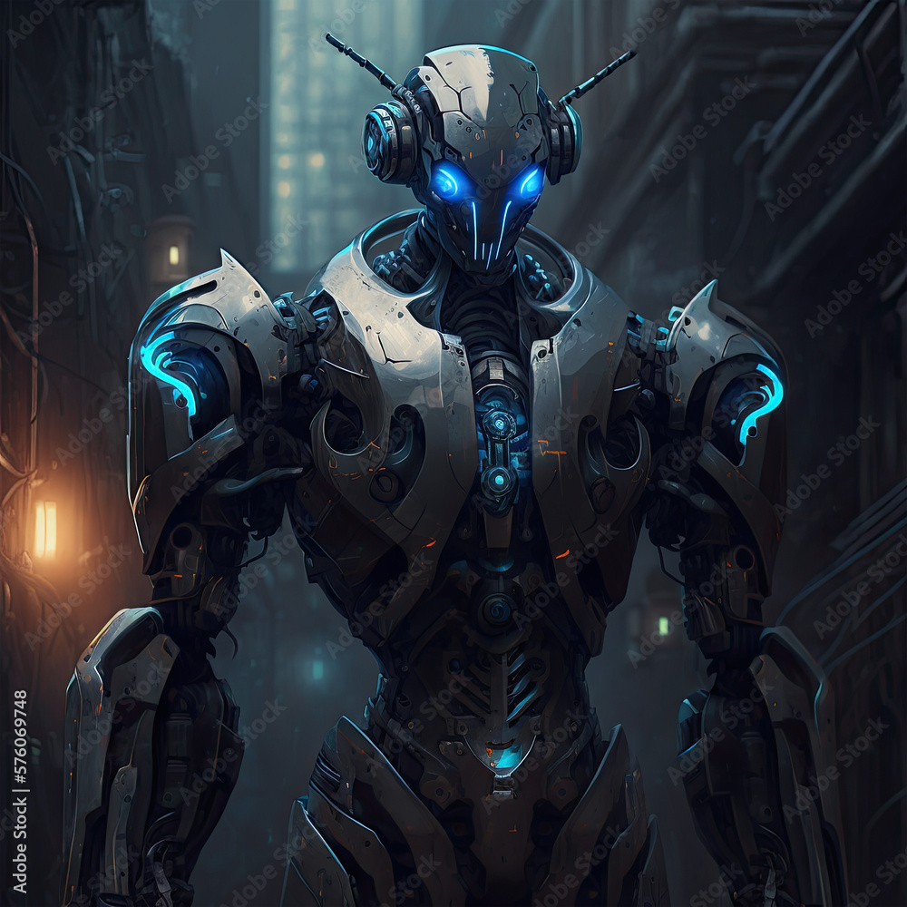 A futuristic robot with sleek, metallic curves and glowing blue eyes ...