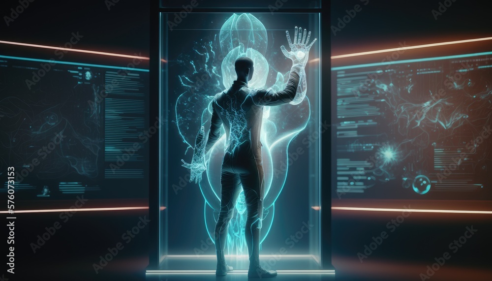 person standing in front of a holographic display with images and data ...