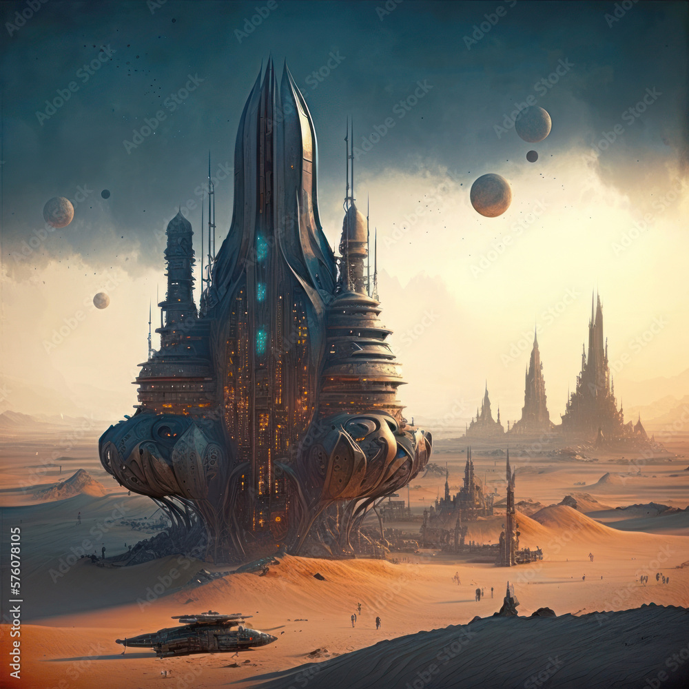 Landscape of an alien city with skyscrapers in a desert landscape with ...