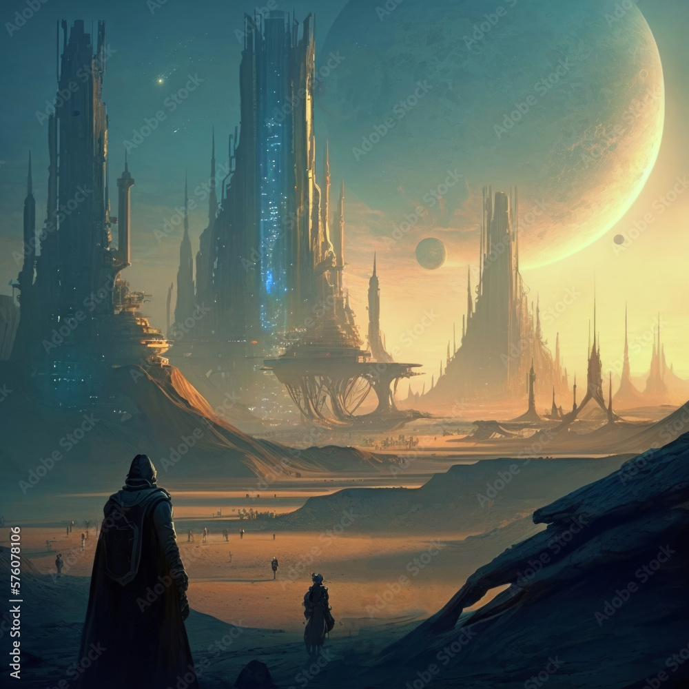 Landscape of an alien city with skyscrapers in a desert landscape with ...