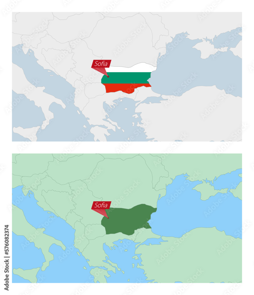 Bulgaria map with pin of country capital. Two types of Bulgaria map ...