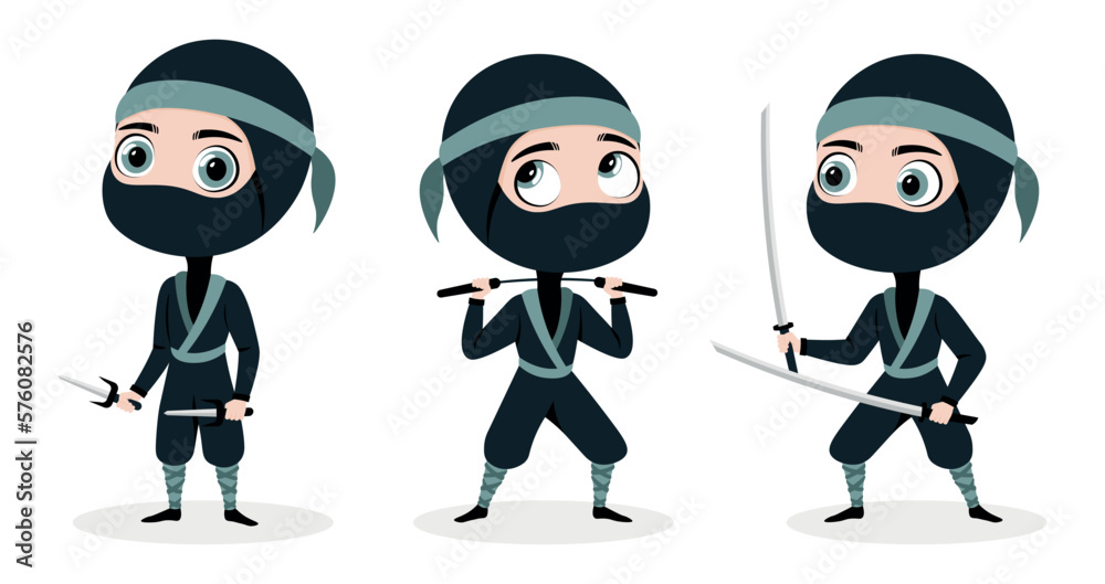 Vector illustration of a cute ninja warrior isolated on white.Charming ...