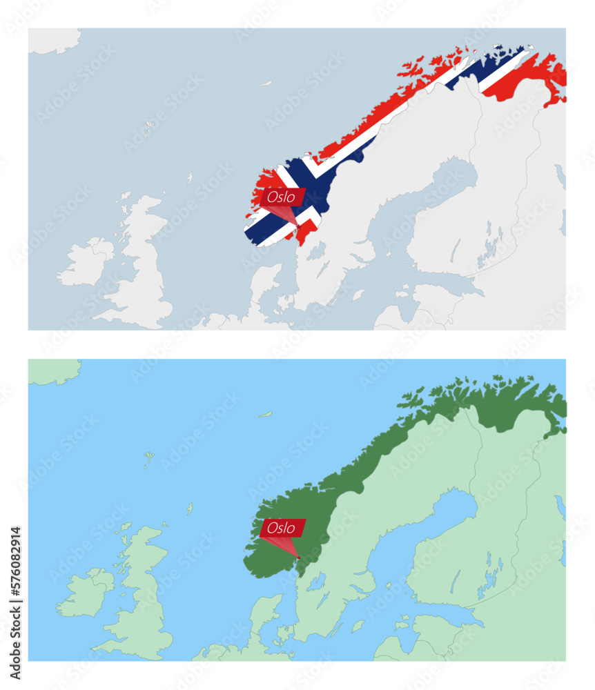 Vetor de Norway map with pin of country capital. Two types of Norway ...