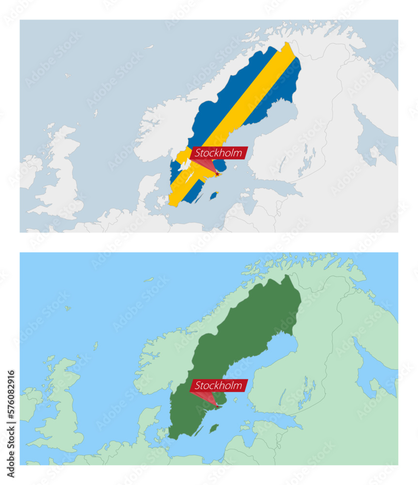 Vetor de Sweden map with pin of country capital. Two types of Sweden ...