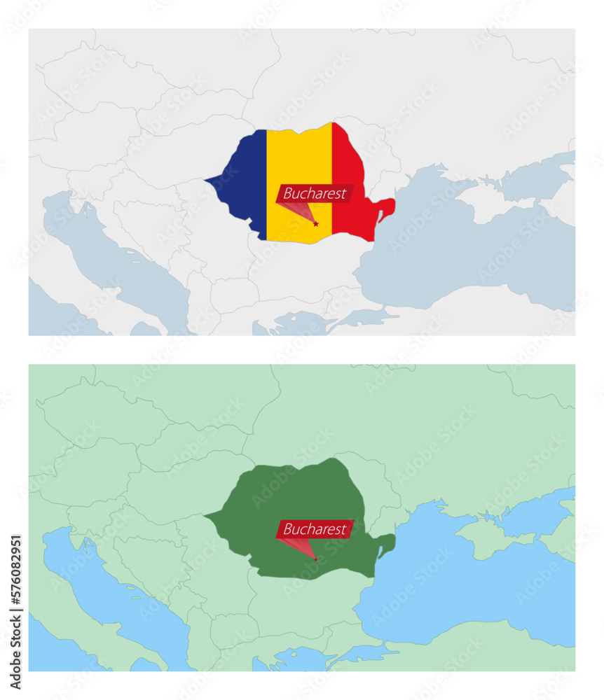 Romania map with pin of country capital. Two types of Romania map with ...