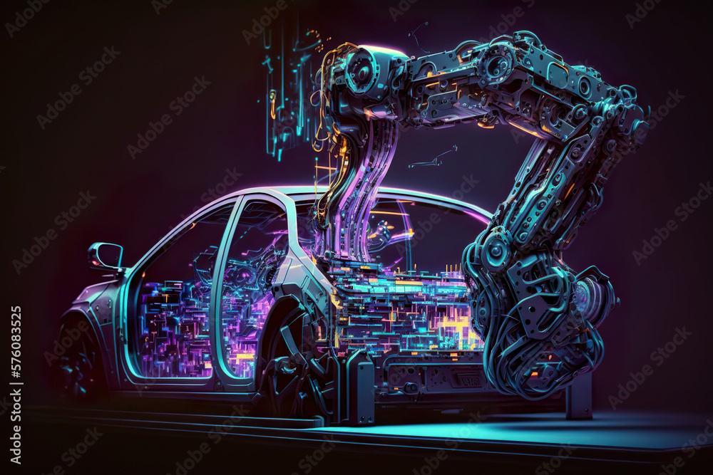 The automated robot arm on the car production line welds the car body ...