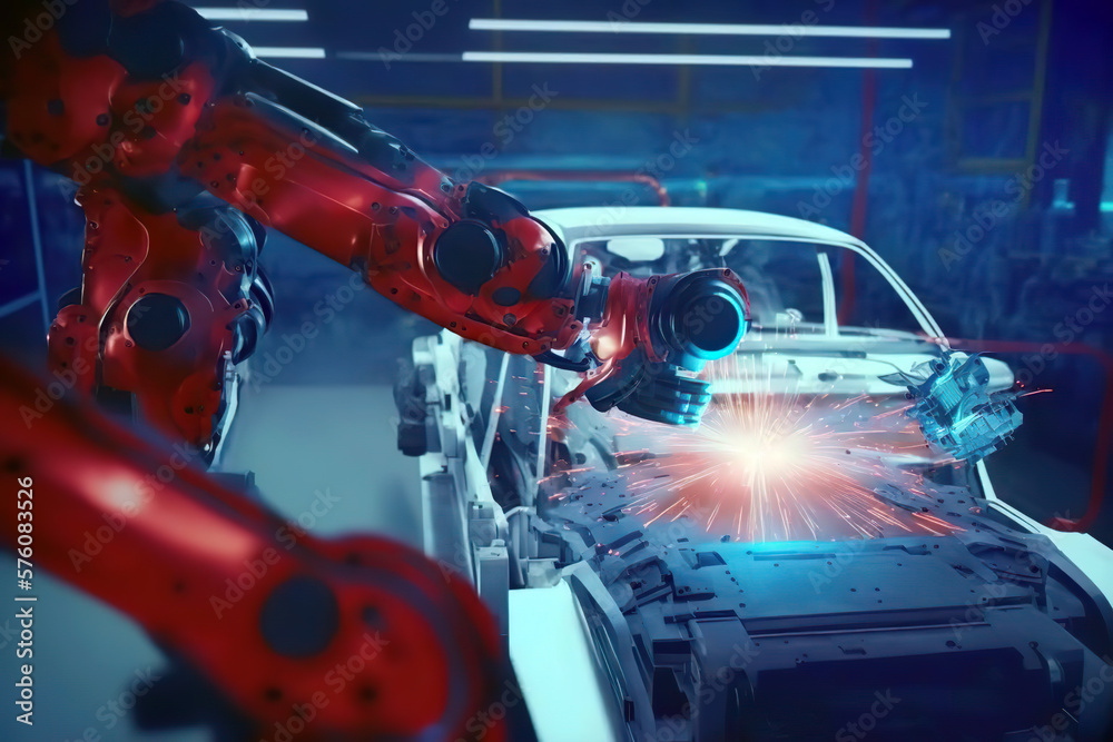 The automated robot arm on the car production line welds the car body ...