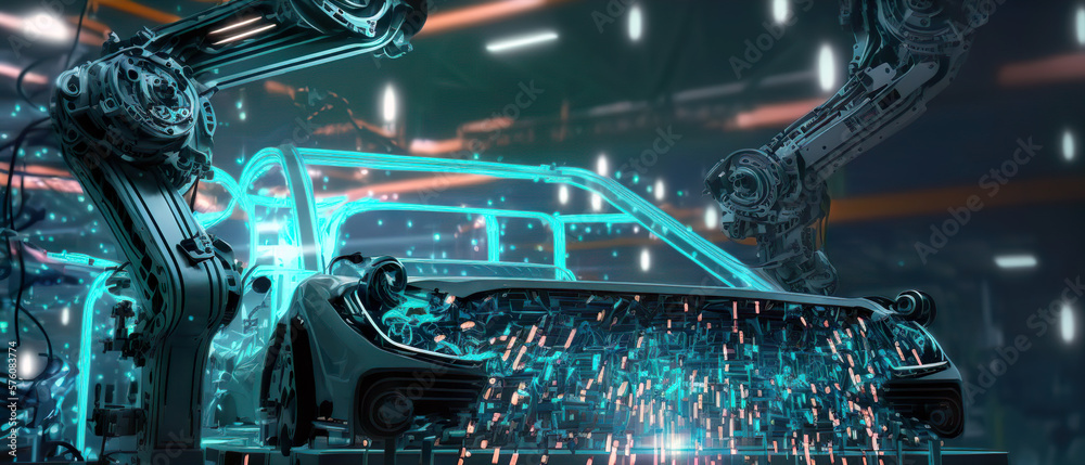 ภาพประกอบสต็อก The automated robot arm on the car production line welds ...