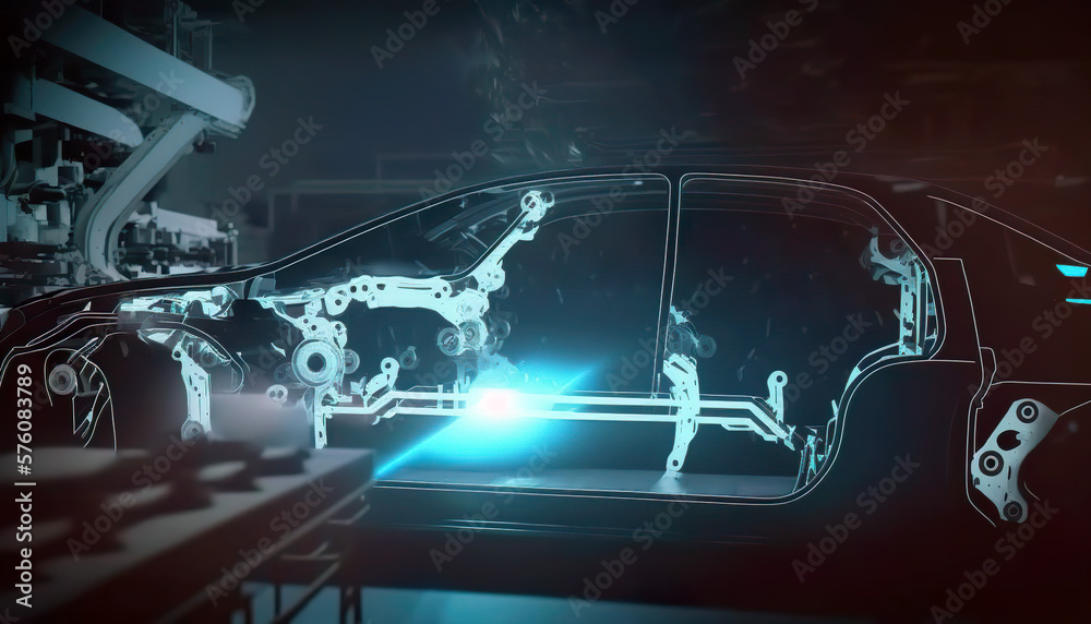 The automated robot arm on the car production line welds the car body ...