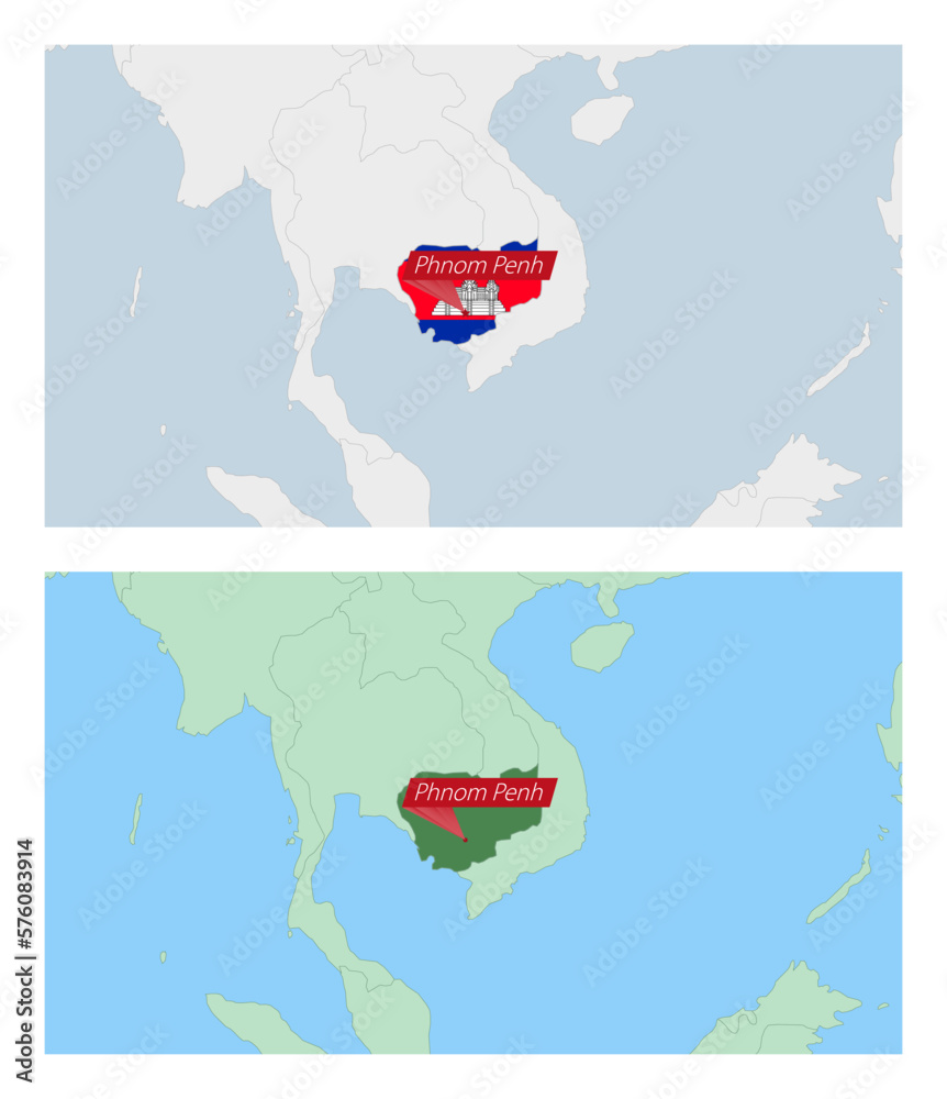 Cambodia map with pin of country capital. Two types of Cambodia map ...
