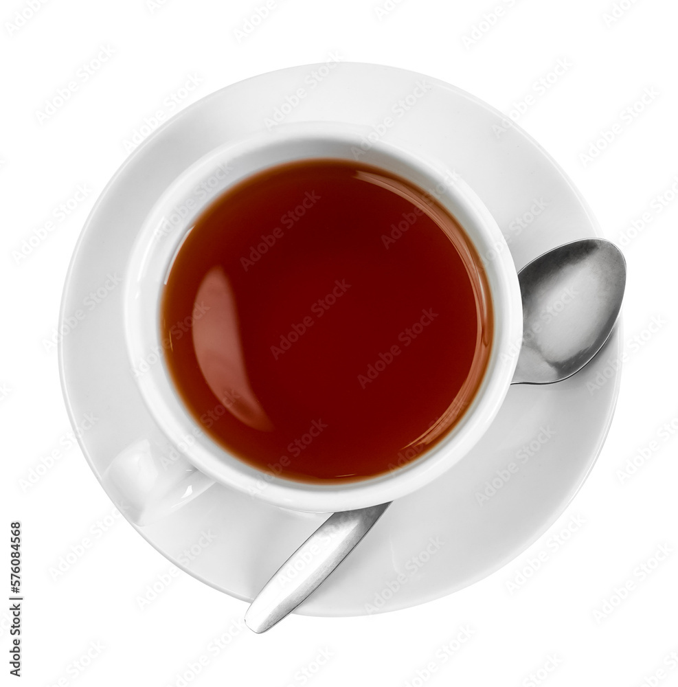 black tea in a white ceramic cup and saucer on a transparent background ...