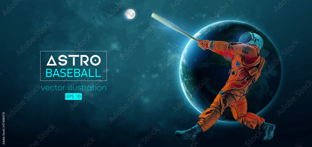 Baseball player astronaut in space action and Earth, Moon planets on ...