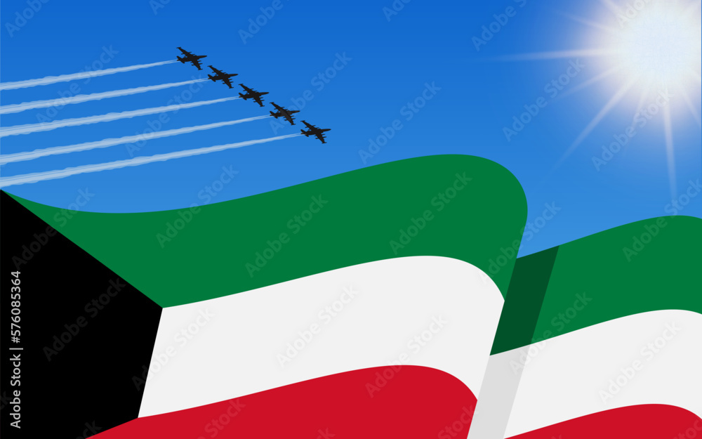 Flag of Kuwait and a fighter plane formation flying in the sky ...