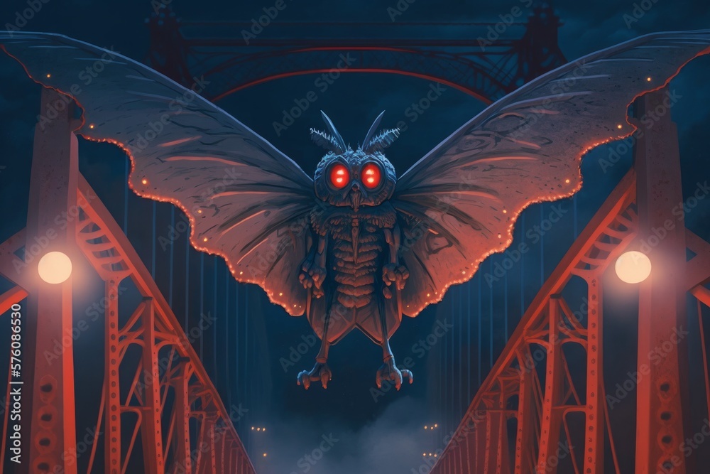 Mothman over a suspension chain bridge. Illustration based on the urban ...