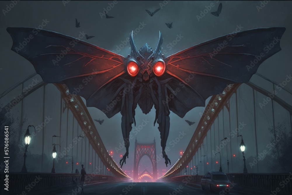 Mothman over a suspension chain bridge. Illustration based on the urban ...