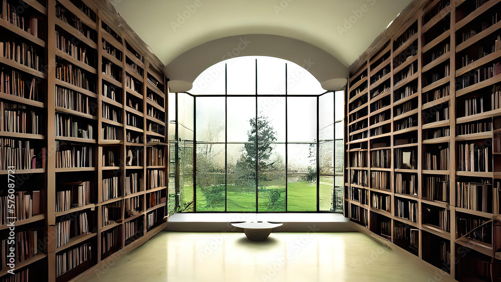 expansive library room with large arched window. Background ...