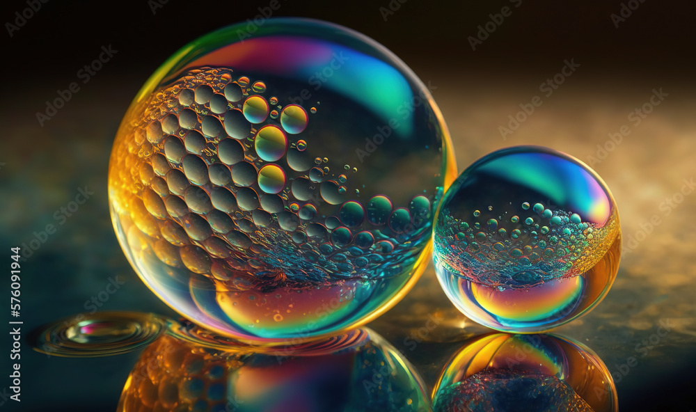 two soap bubbles are shown on a surface with water droplets. generative ...