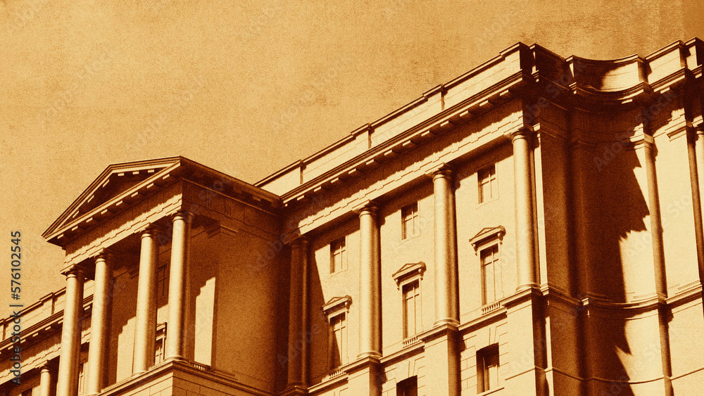 Neoclassical building facade and portico in perspective in sepia tones ...
