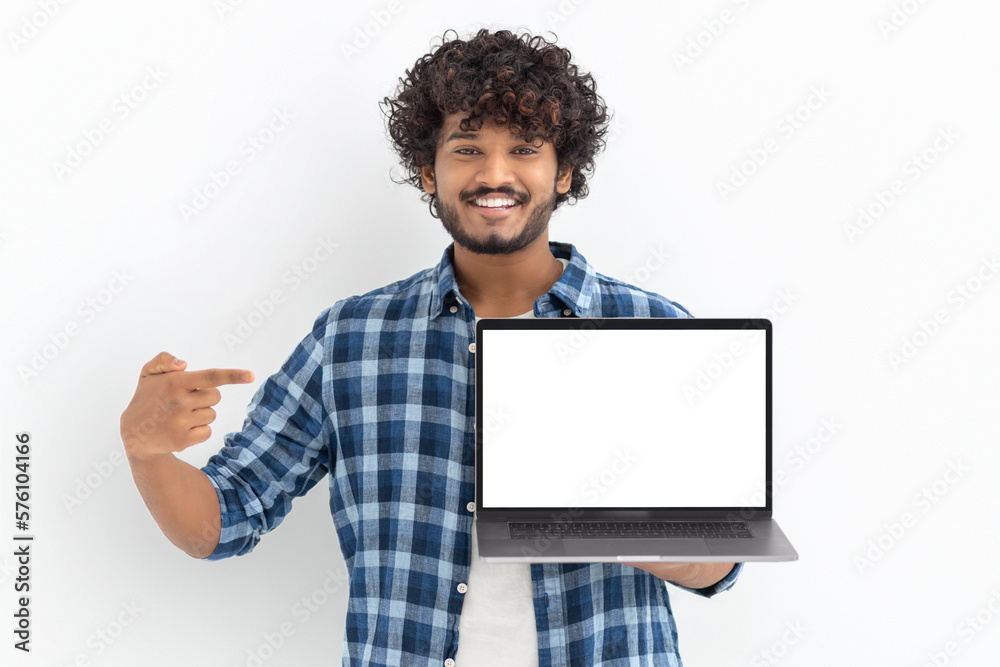 Portrait of young Asian man student with laptop on white background ...