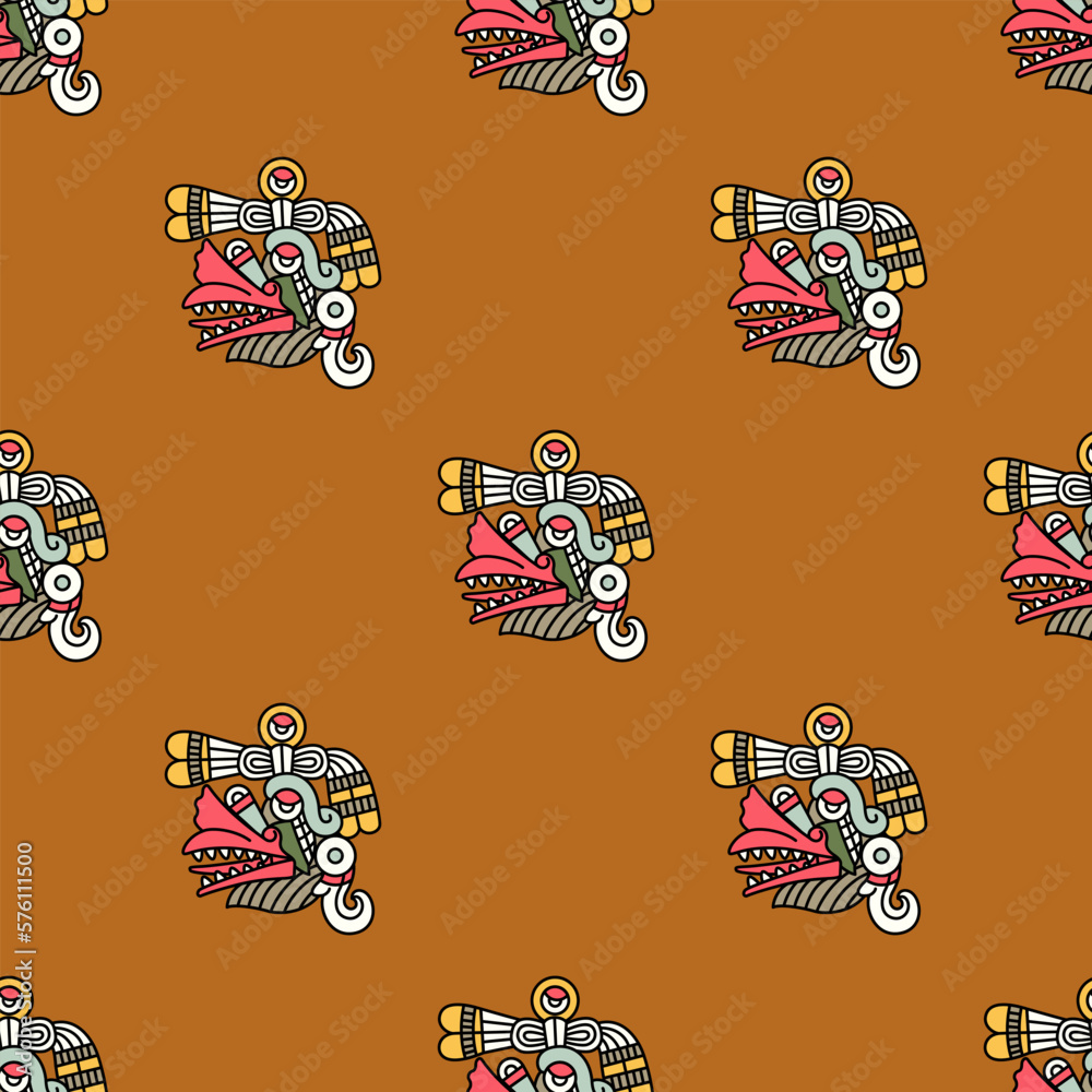 Seamless ethnic pattern with heads of Aztec god of wind Ehecatl ...