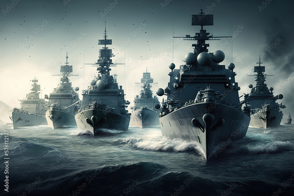 fleet of military boats to take the battle to sea, ai art illustration ...