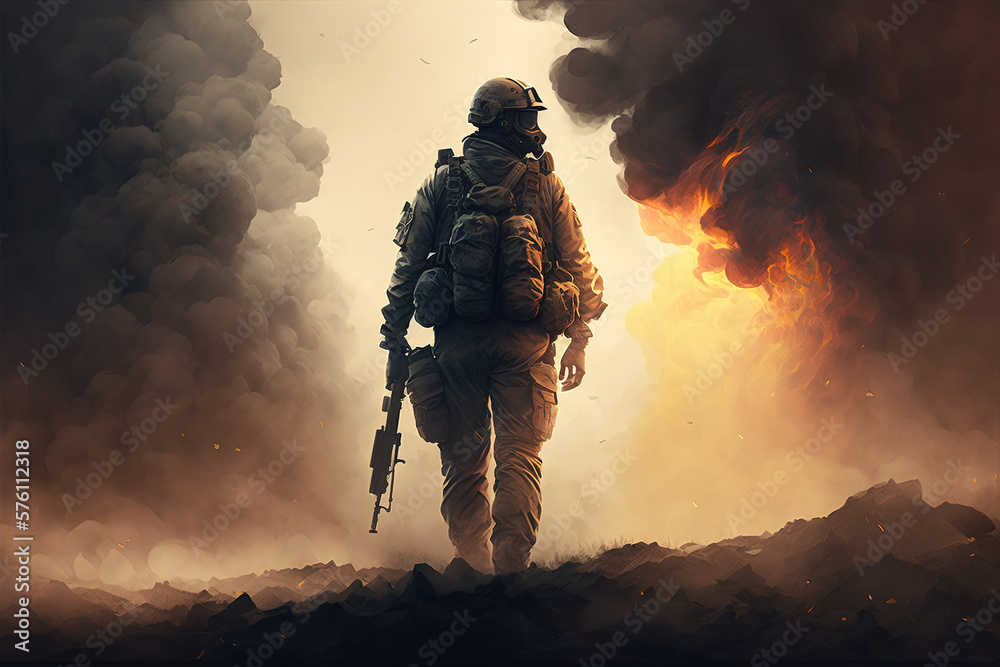 lone soldier in the midst of a war, standing a top of battlefield with ...