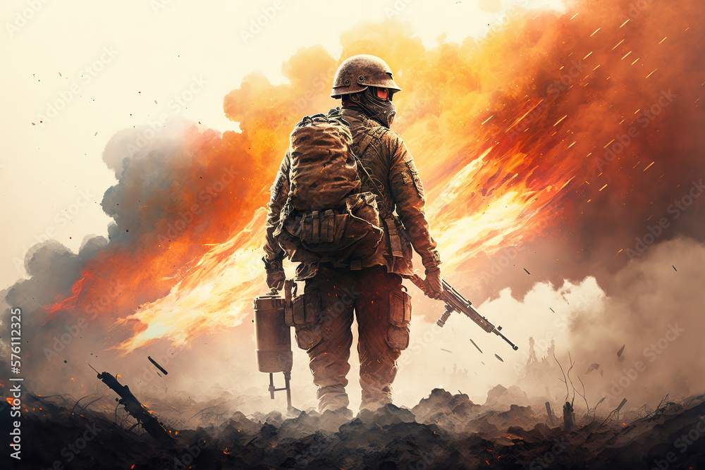 lone soldier in the midst of a war, standing a top of battlefield with ...