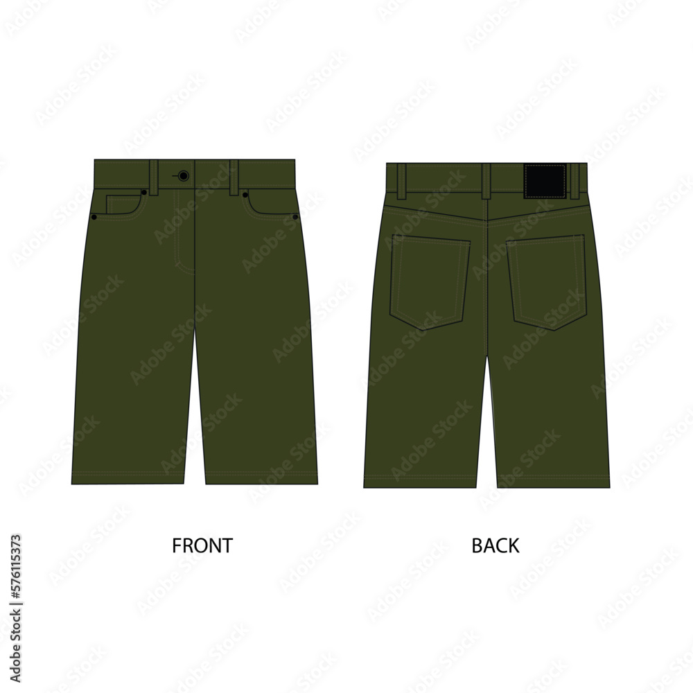 Five pocket denim shorts technical vector drawing, front and back view ...