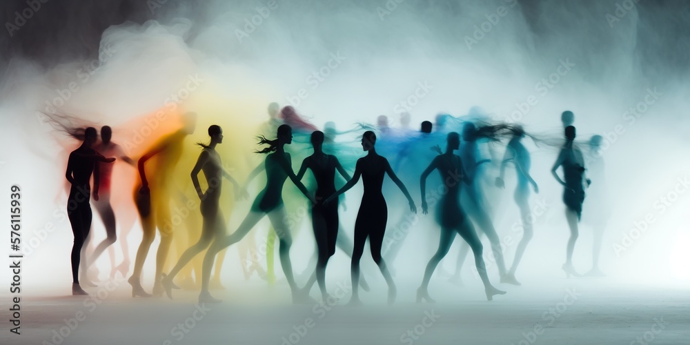 Minimalistic Blur Silhouette Group of Humans in Color Fog Background ...