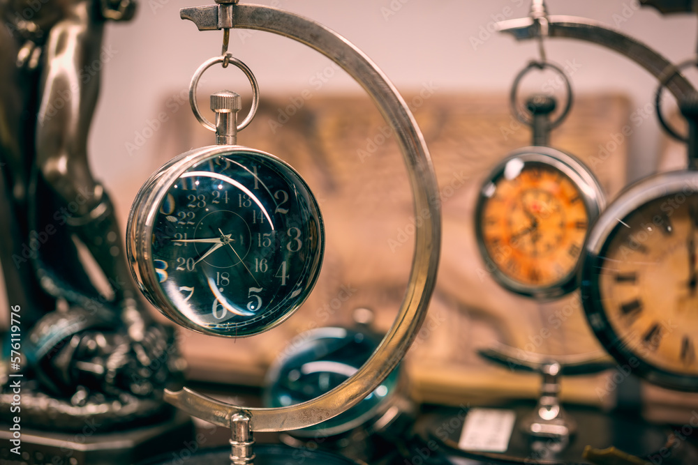 Vintage retro clock on a mysterious background, the concept of the ...
