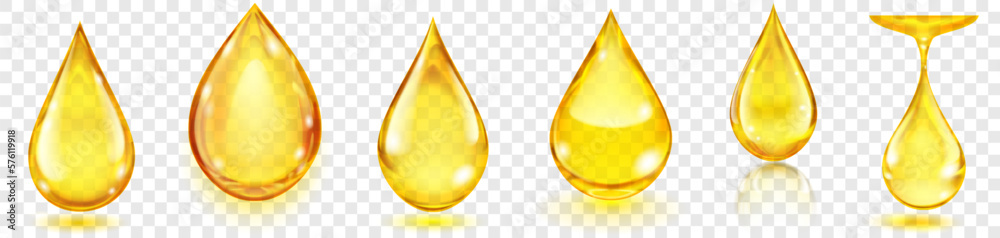 Set of realistic translucent water drops in yellow colors in various ...