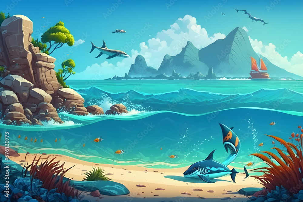 Cartoon ocean paradise background. Made with Generative AI Stock ...