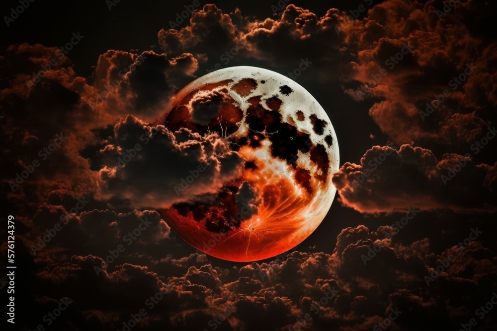 Blood Moon, Red moon, real full blood moon in black sky with cloud. AI ...