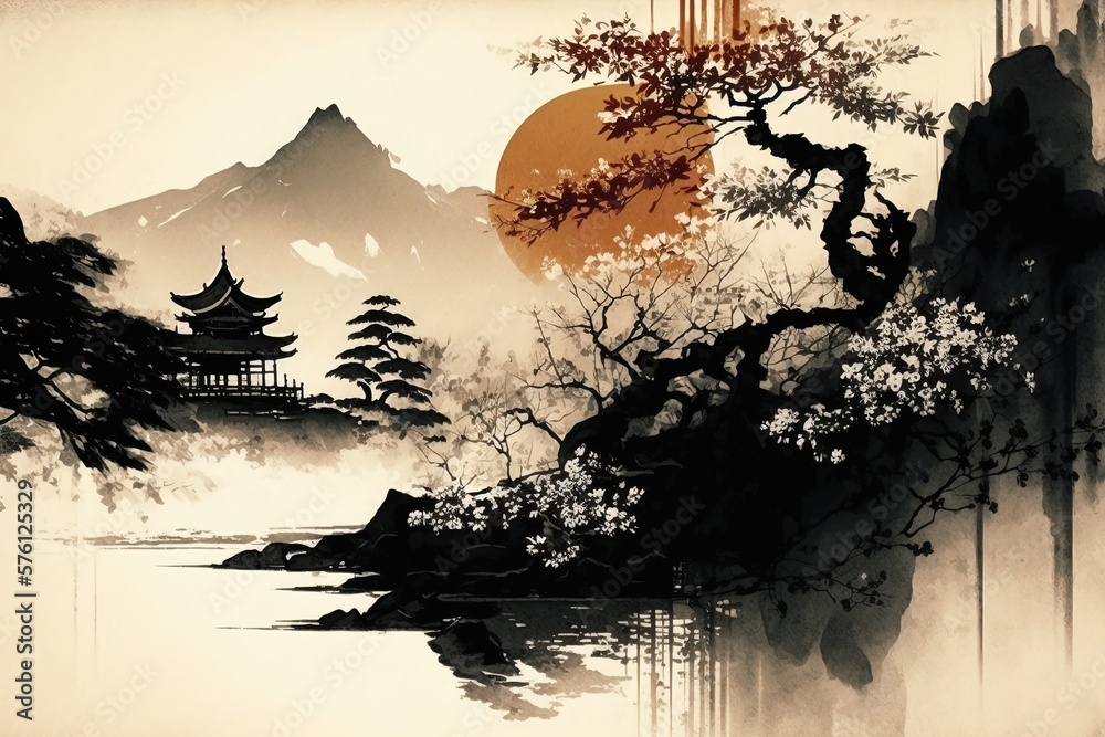 Traditional Chinese painting. Red landscape. Painting of hills, trees ...