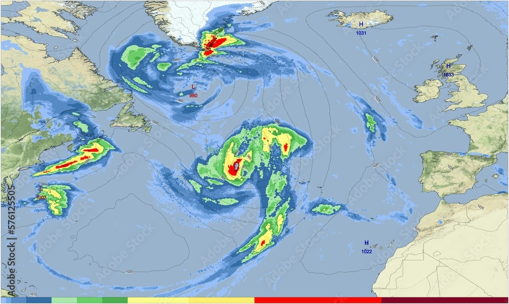 El mapa meteorológico muestra la precipitación y la presión atmosférica ...