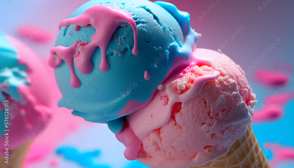 a scoop of ice cream with sprinkles and pink and blue toppings on a ...