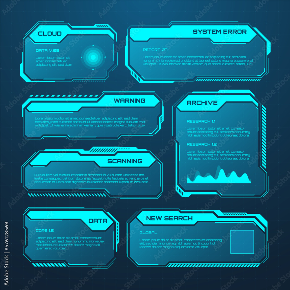Blue futuristic HUD or UI elements. Sci-fi user interface text boxes ...