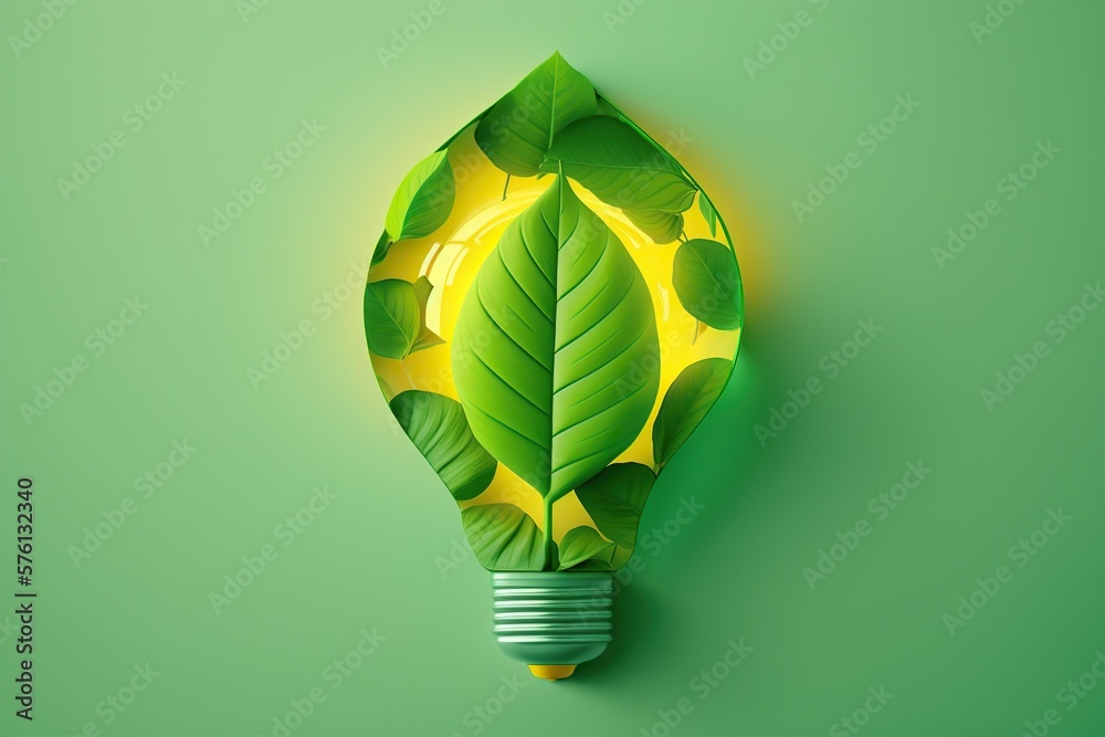 Green leaf in the shape of a light bulb on bright back, concept of Organic form and Nature ...