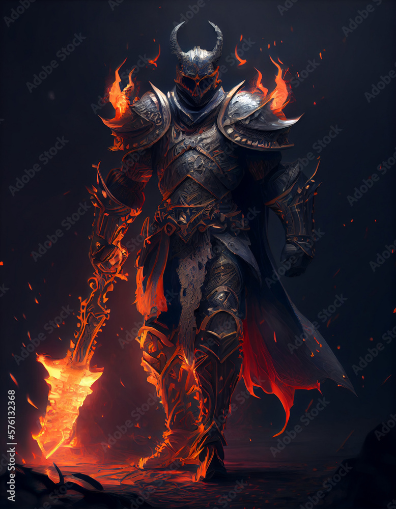 Character design, knight of demon with a big axe in glistening molten ...