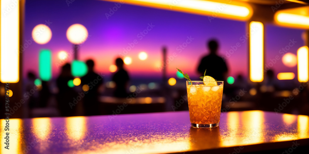 Alcoholic cocktails long drink resting on a bar counter, defocused ...