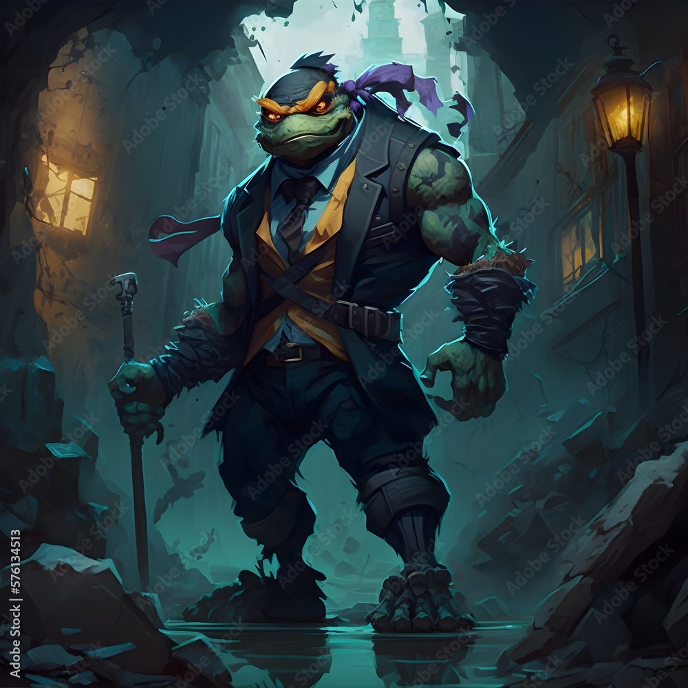 splash art epic dynamic pose zombie ninja turtle dressed in black suit ...