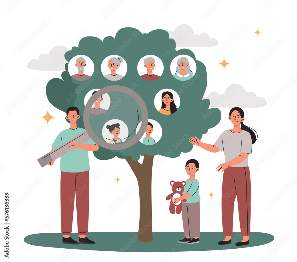 Genealogical tree concept. Parents tell their child about grandparents ...