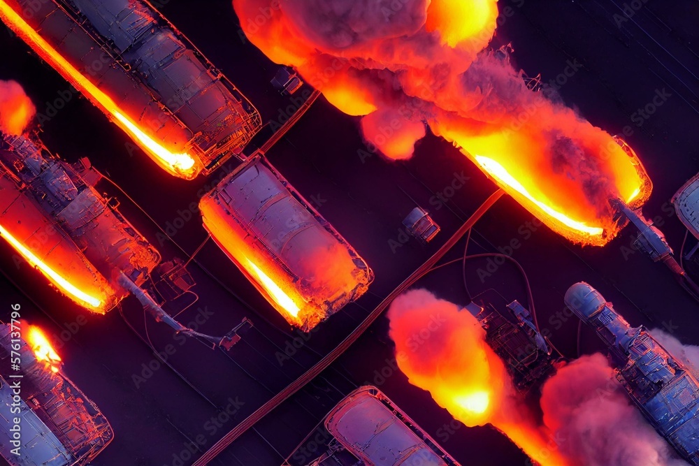 Tanks burning fire with pesticides. Wagons freight train carrying hazardous substances derailed ...